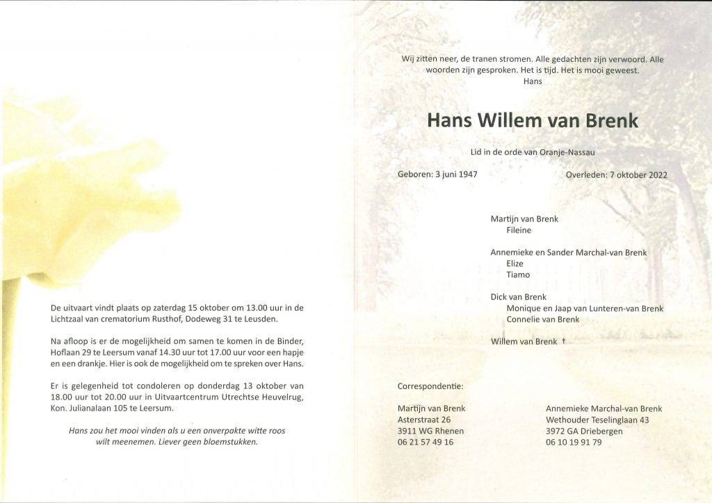 In memoriam Hans van Brenk | V.V. H.D.S. | Leersum